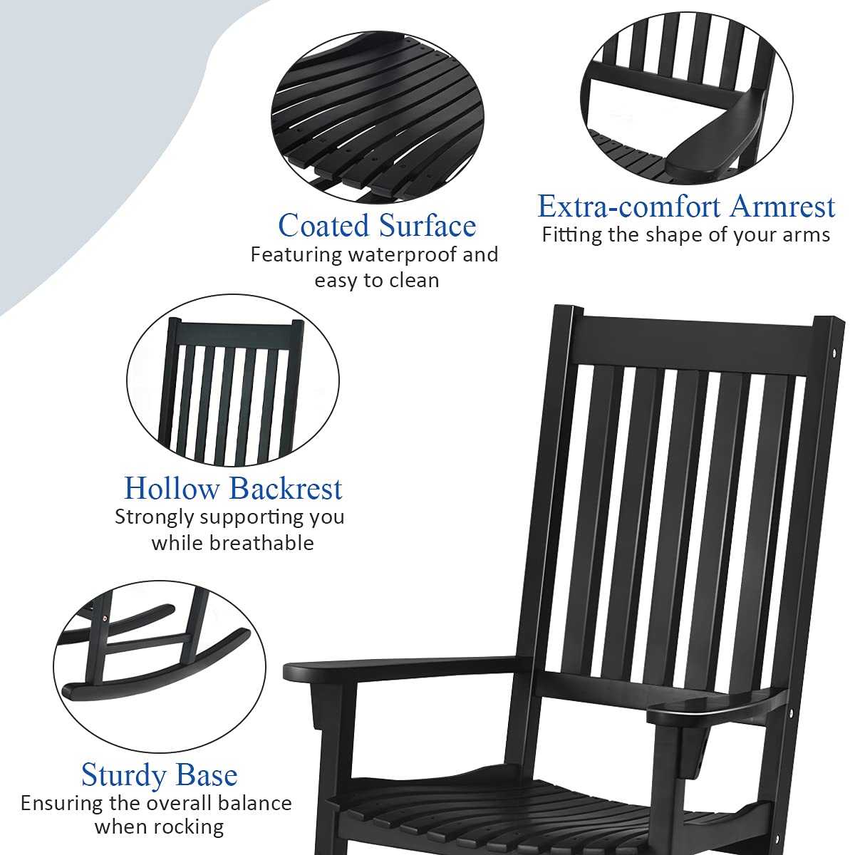 Tangkula Acacia Wood Porch Rocking Chair Set, Wooden Rocking Chair Rocker with High Back & Armrest for Indoor Outdoor Use, Patio Rocker for Garden Lawn Balcony Backyard Poolside (2, Black)