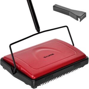 alpine manual carpet sweeper triple brush – non electric multi-surface floor cleaner easy sweeping for carpeted floors (red -updated)