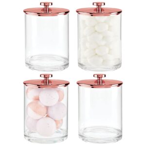 mdesign large modern apothecary storage organizer canister jars - plastic containers for bathroom, organization holder for vanity, counter, makeup tables, lumiere collection, 4 pack, clear/rose gold