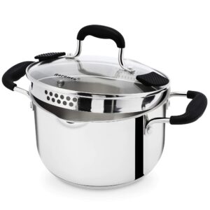 rorence stainless steel stock pot with pour spout & silicone handles & glass lid with strainer - 3.7 quart