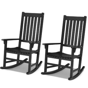 tangkula acacia wood porch rocking chair set, wooden rocking chair rocker with high back & armrest for indoor outdoor use, patio rocker for garden lawn balcony backyard poolside (2, black)