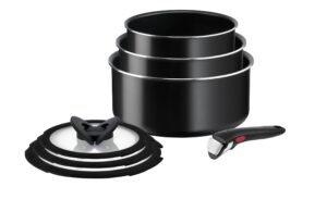 tefal ingenio easy on 7 piece non-stick saucepan set, 16&18&20 cm saucepans, 16&18&20 cm glass lids, bakelite removable handle, easy cleaning, heat indicator, black, l1599602