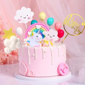 unicorn cake topper, qoadwem 15pcs unicorn rainbow cake toppers for girls with rainbow heart unicorn cloud balloon happy birthday cake decorations for boys girls kids birthday