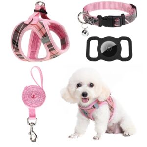 expawlorer classic plaid puppy harness - small dog harness and leash set - dog collar and leash set with airtag holder, soft padded step in dog vest harness no pull reflective for outdoor, pink s