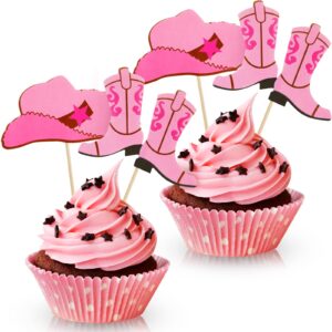 60 pieces cowboy or cowgirl hat and boot cupcake toppers western birthday cake decorations rodeo cupcake picks baby shower toothpicks for western theme party favors supplies (pink)