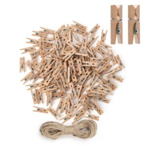 mini clothes pins, 120 pcs natural wooden clothespins with 10m jute twine, 1 inch mini wooden clips, mini clothes pins for photo crafts diy weddings and cocktails décor (1in/120pcs)