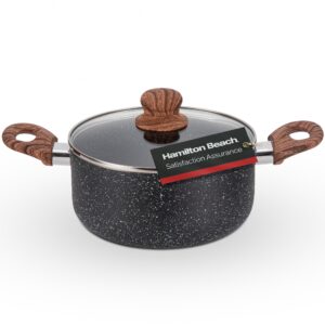 hamilton beach 5 quart nonstick marble coating even heating round dutch oven pot with glass lid and wooden like soft touch handle, dutch oven pot, braising, roasting