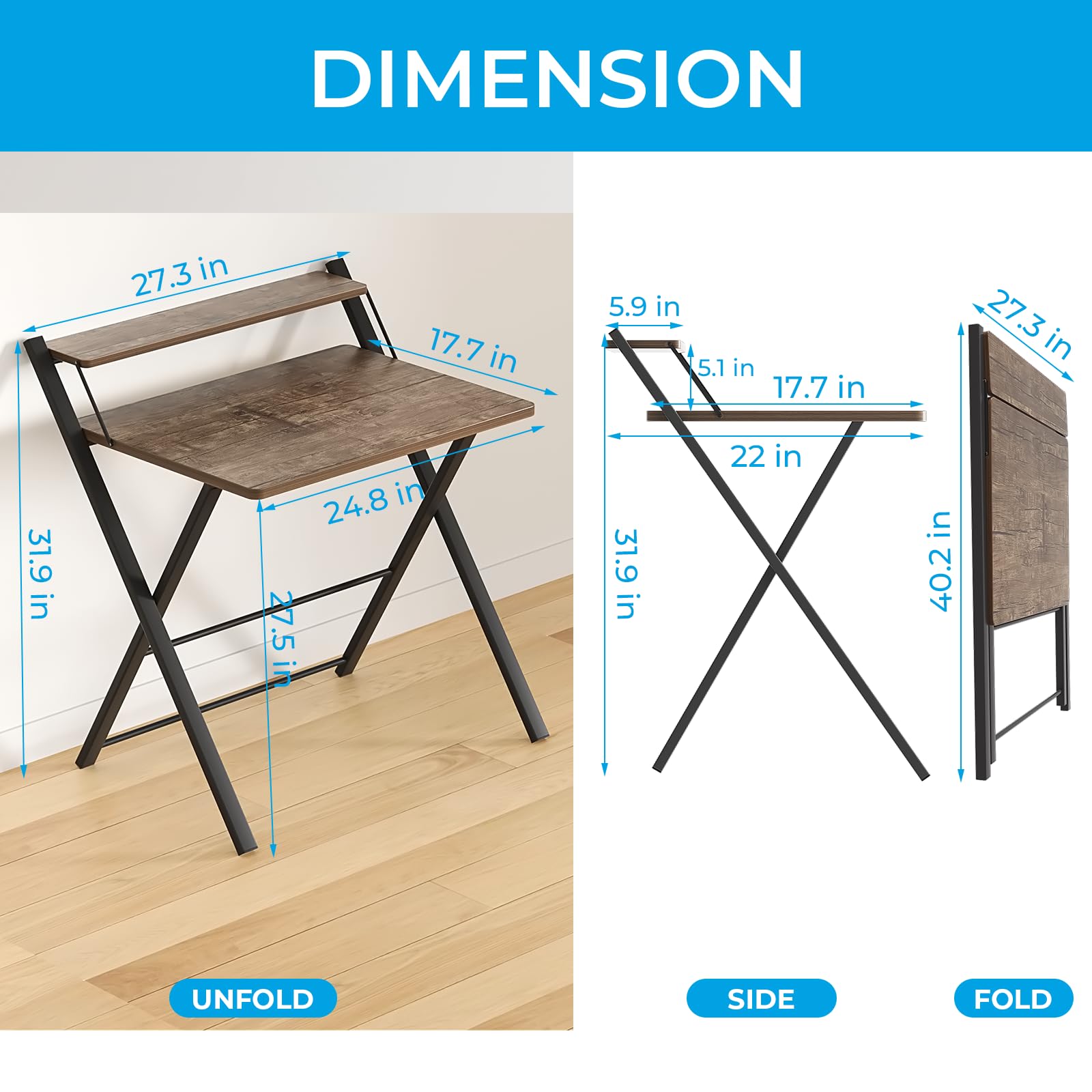 GreenForest Folding Desk No Assembly Required Small Size, 2-Tier Foldable Computer Desk with Shelf for Home Office, Space Saving Portable Laptop Study Foldable Table for Small Spaces, Brown