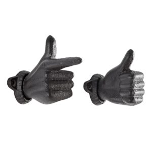 danya b. "thumbs up & pointing finger dark brown cast iron wall mount hook set (set of 2), entryway hooks or unique room decor for hanging coats, purses, scarves, or keys