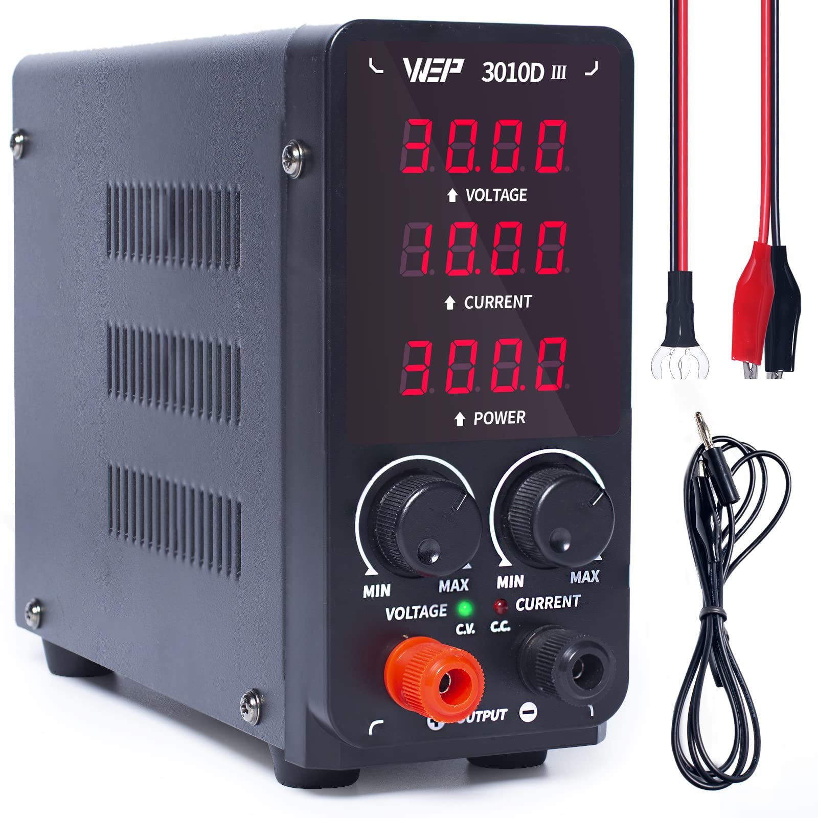 WEP 3010D-III DC Variable Power Supply 30.00V 10.00A High Precision Bench Lab Power Supply with Alligator Clips for anodizing kit, Electroplating, arduino, breadboard