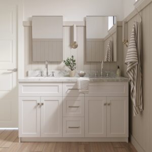 ariel 61" white double bathroom vanity, italian carrara marble countertop & splash, rectangular sink, 2 soft closing doors, 3 full extension dovetail drawers, toe kick, brushed nickel