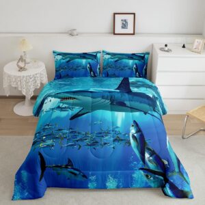 erosebridal blue ocean bedding set twin size,3d shark duvet insert underwater scenery comforter set nautical sea animal aquarium quilted duvet coastal creature marine life bedroom decor