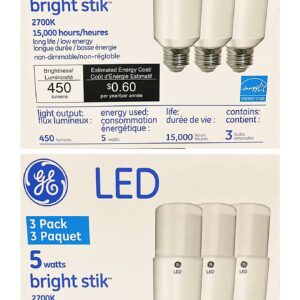 (6 bulbs) GE 66256 - bright stik LED Tubular Light Bulb 5 watt 450 lumen 2700K LED