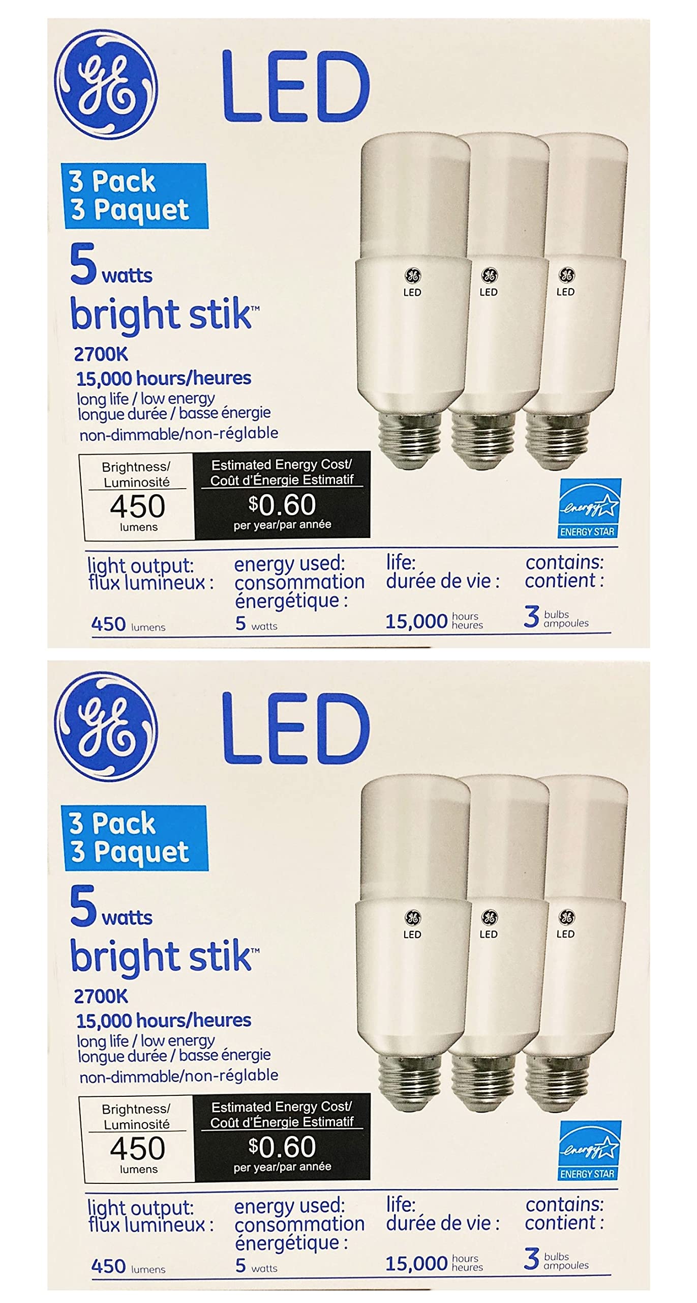 (6 bulbs) GE 66256 - bright stik LED Tubular Light Bulb 5 watt 450 lumen 2700K LED