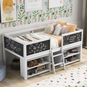 harper & bright designs kids loft bed with movable shelves, wood low twin size loft bed frame with decorative guardrail chalkboard, storage, ladder, for girls boys, white