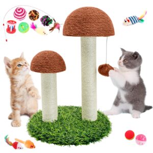 bnosdm mushroom cat scratching post, cat scratcher with 2 sisal poles 12 pcs cat toys and hanging ball, pet interactive toy scratch post for indoor kitten kitty small cats (coffee)