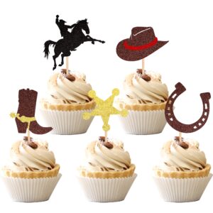 30 pcs cowboy cupcake toppers glitter horseshoe cowboy hats boots cupcake picks western theme baby shower birthday party cake decorations supplies