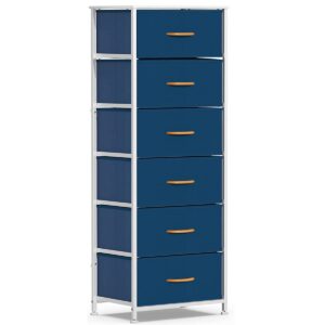 waytrim dresser storage tower, 6 fabric organizer drawers, wide chest of drawers for closet boys & girls bedroom, bedside furniture, steel frame, wood top, fabric bins, easy installation, (navy blue)