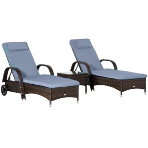 outsunny wicker outdoor chaise lounge set of 2, 5-level adjustable backrest pe rattan pool lounge chair with wheels, cushion & headrest, brown and gray