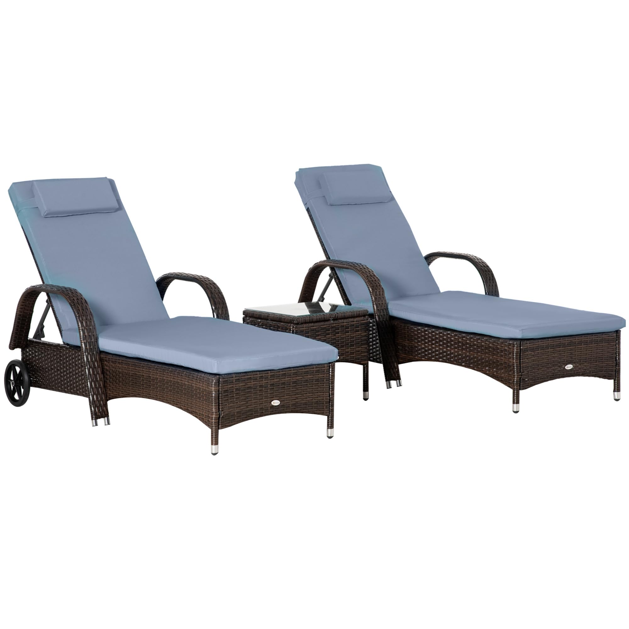 Outsunny Wicker Outdoor Chaise Lounge Set of 2, 5-Level Adjustable Backrest PE Rattan Pool Lounge Chair with Wheels, Cushion & Headrest, Brown and Gray