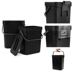 domiella 2 pack 1.3 + 0.8gal hanging small trash can with lid, kitchen compost bin for counter top under sink, sealed food waste bin, mountable indoor compost bucket for cupboard/bathroom (black)