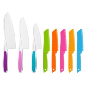 motyawn 8 pieces kids plastic nylon cooking knife set, safe knives for bread without bpa,children's safe cooking chef nylon knives for cooking and cutting fruits, veggies & cake