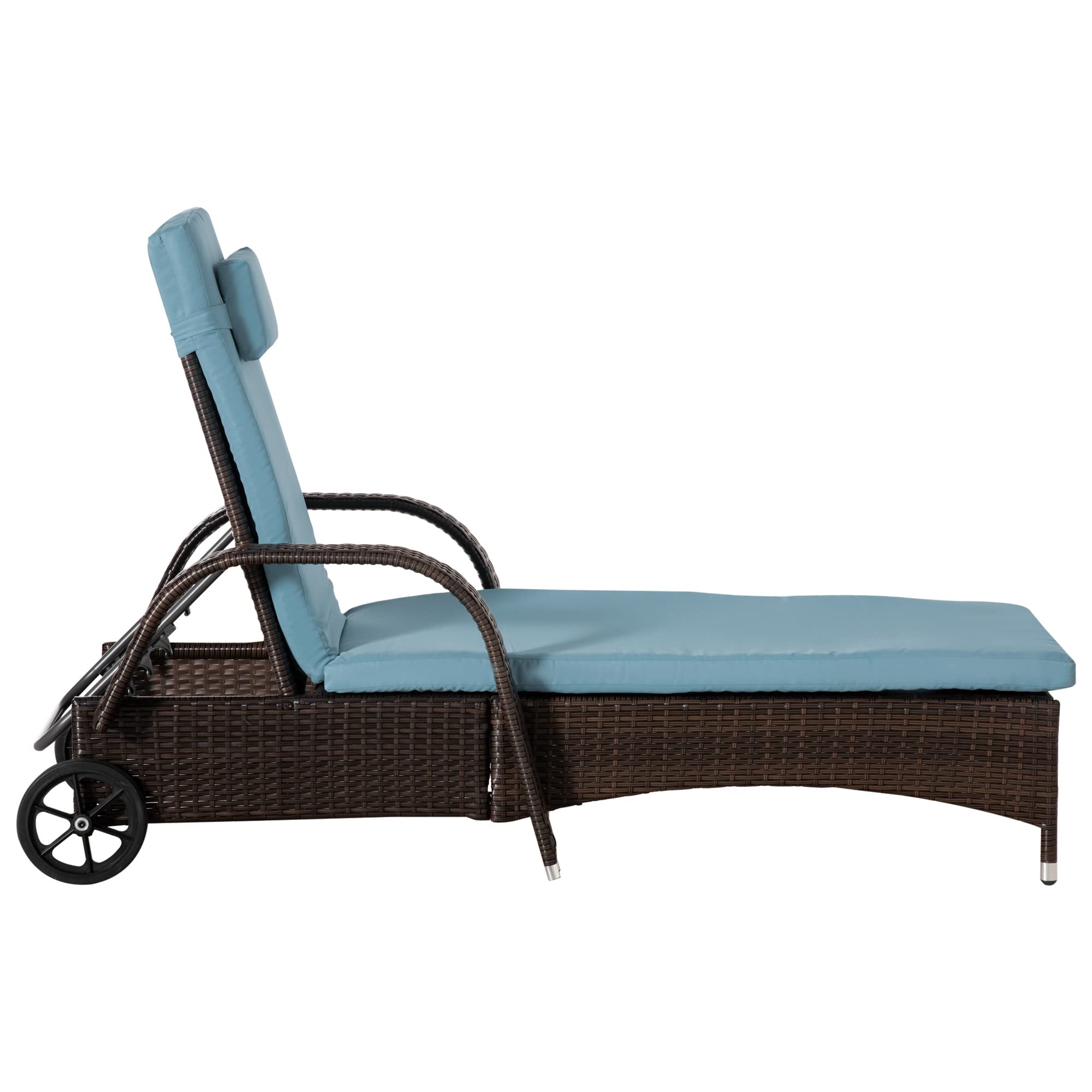 Outsunny Wicker Outdoor Chaise Lounge Set of 2, 5-Level Adjustable Backrest PE Rattan Pool Lounge Chair with Wheels, Cushion & Headrest, Brown and Gray