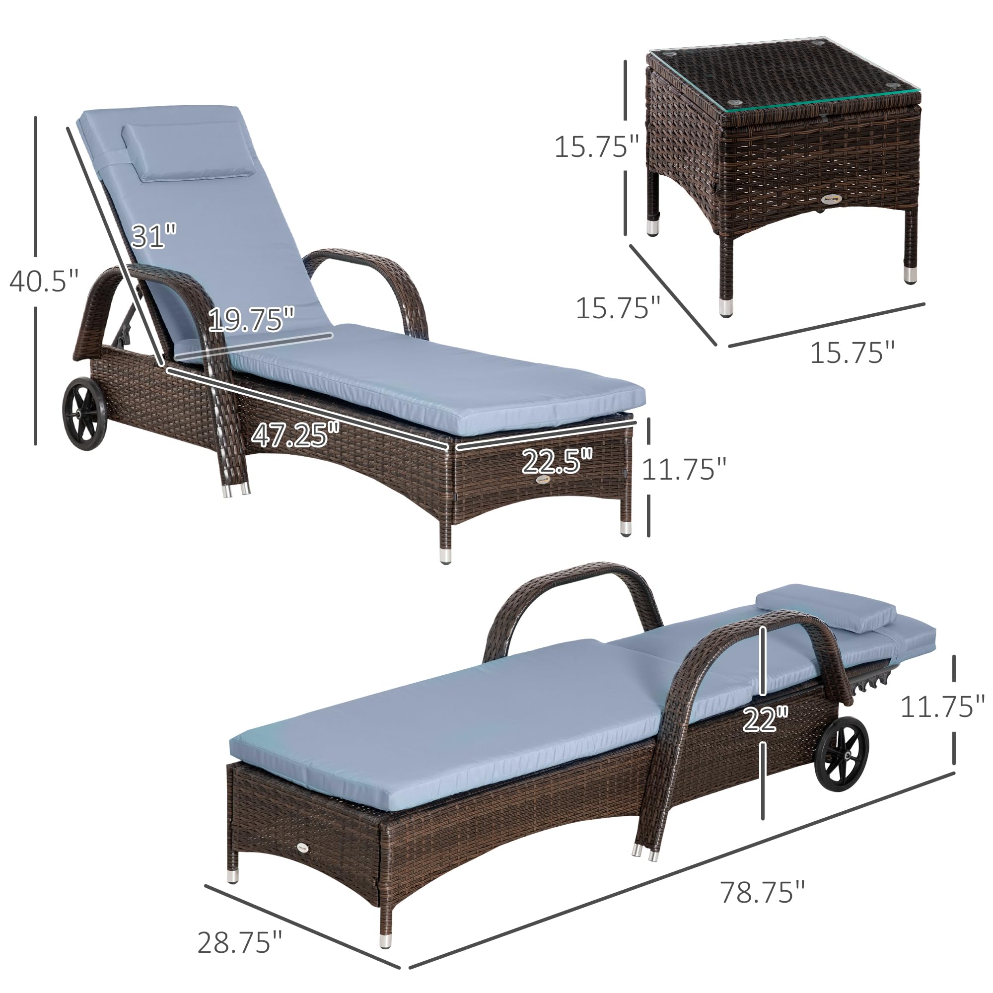 Outsunny Wicker Outdoor Chaise Lounge Set of 2, 5-Level Adjustable Backrest PE Rattan Pool Lounge Chair with Wheels, Cushion & Headrest, Brown and Gray