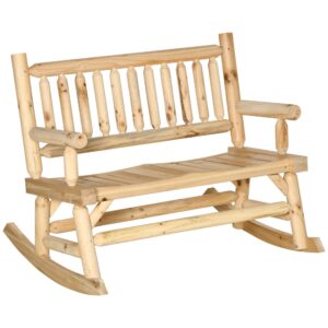 outsunny 2-person wood rocking chair with log design, heavy duty loveseat with wide curved seats for patio, backyard, garden, natural