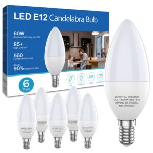 sapiential creation chandelier candelabra led light bulbs e12 led bulb small base 40 60w equivalent b11 4000k natural white ceiling fan type b candle light bulbs 120v non dimmable,6 pack