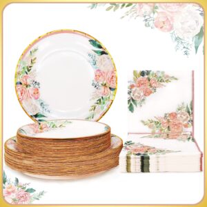 boosolo floral party supplies paper plates and napkins sets for 50 guest-include floral party disposable paper dinner plates,napkin for baby or bridal shower,birthday,wedding,tean party supplies