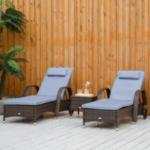 Outsunny Wicker Outdoor Chaise Lounge Set of 2, 5-Level Adjustable Backrest PE Rattan Pool Lounge Chair with Wheels, Cushion & Headrest, Brown and Gray