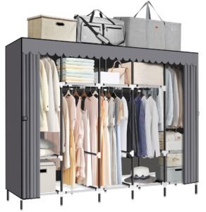 lokeme portable closet, great size 82-inch portable wardrobe with 5 hanging areas and 10 storage shelves for hanging clothes, extra sturdy 25mm steel tube and easy to assemble, grey