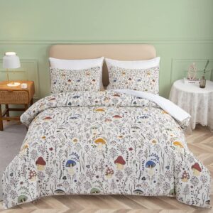 soulzzz mushroom comforter set 3 piece, colorful mushroom decor twin bedding with plants and flowers, aesthetic cute mushroom room decor comforter for kids adults boys girls, twin, cream