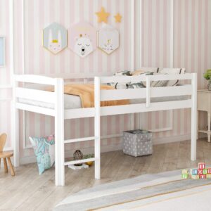 citylight twin low loft bed, junior white wood loft bed with ladder, mdf & pine frame, 200lbs capacity, no box spring needed