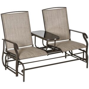 outsunny outdoor glider bench with center table, metal frame patio loveseat with breathable mesh fabric and armrests for backyard garden porch, brown