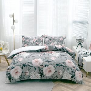 toptree rose floral duvet cover queen - aesthetic garden pink floral bedding set modern trendy flower bed set with botanical leaf for women aldult（grey, queen）