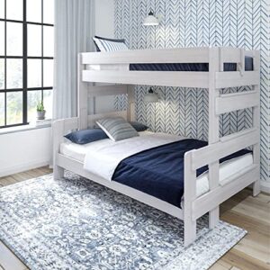 plank+beam rustic wood bunk bed, solid wood twin-over-full bed frame, heavy-duty bunk bed for adults, no box spring needed, white wash