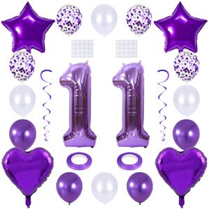 maigendoo 11 number balloon set digit balloons latex balloon confetti balloon heart star moon foil mylar balloon with swirl decorations for 11th birthday party graduation anniversary event, purple