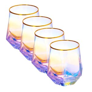 yuhanoer wine glasses set of 4,diamond stemless wine glasses - iridescent glassware with gold rim, for spirits,cocktails,whisky,bourbon or drinking glasses,wine lovers