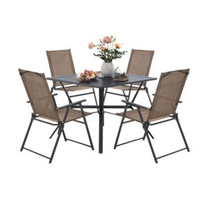 vicllax 5 pieces outdoor patio dining table and chairs set, 4 portable dining chairs & square metal frame table with umbrella hole for backyard garden deck, brown/black