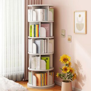 foriy 5 tier rotating bookshelf 360° revolving bookcase modern tall book shelf storage display rack floor standing shelves with baffle for home living room study office white 63''x18''x18''