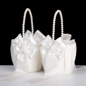 flower girl baskets for wedding,ivory flower girl basket with pearl handle set of 2,wedding baskets for flower girls