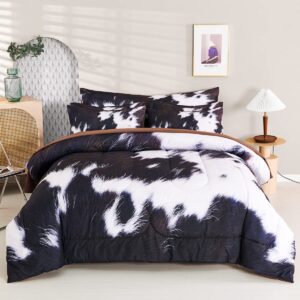 sucses cow print comforter set queen size, 8pcs cow fur print bed in a bed, western highland cowhide bedding sets with comforter and sheets, super soft farmhouse style bed quilt set for teens boys