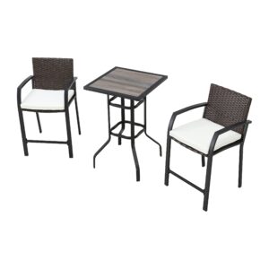 lokatse home 3 piece outdoor patio bar stool set with high top square table wicker conversation furniture, white