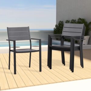 dining chair set of 4, modern aluminum stackable chairs patio dining chair coated weather-resistant armchair 350lbs weight capacity for backyard deck lawn garden black