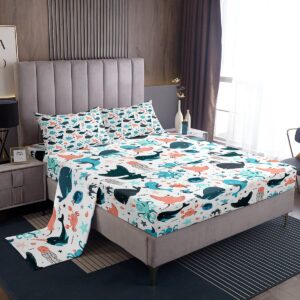 cute whale bed sheets full size, kids kawaii cartoon octopus sheet set, jellyfish shell starfish crab fitted sheet for little boys girls, ocean beach sea animals bedding set with kawaii flat sheet