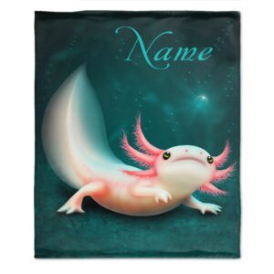 custom blanket with name text personalized cute axolotl soft flannel throw blanket for boys girls child funny gifts 60"x50"for teenager