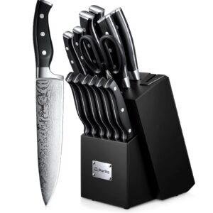 knife set, d.perlla 14 pieces kitchen knife set with built-in sharpener, stainless steel knives block set with unique waved pattern, non-slip handle, black