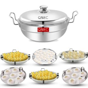 qsec triply bottom idli maker stainless steel 4-in-1 induction base multi utility kadai idli cooker all-in-one big size dhokla cooker | 6 plate 2 idli | 1 mini idli 2 dhokla 1 patra momo steamer